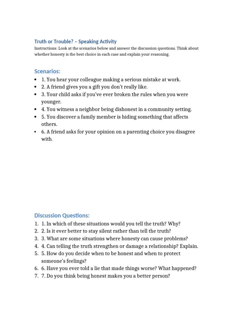 Truth vs. Honesty: Discussion Scenarios | PDF