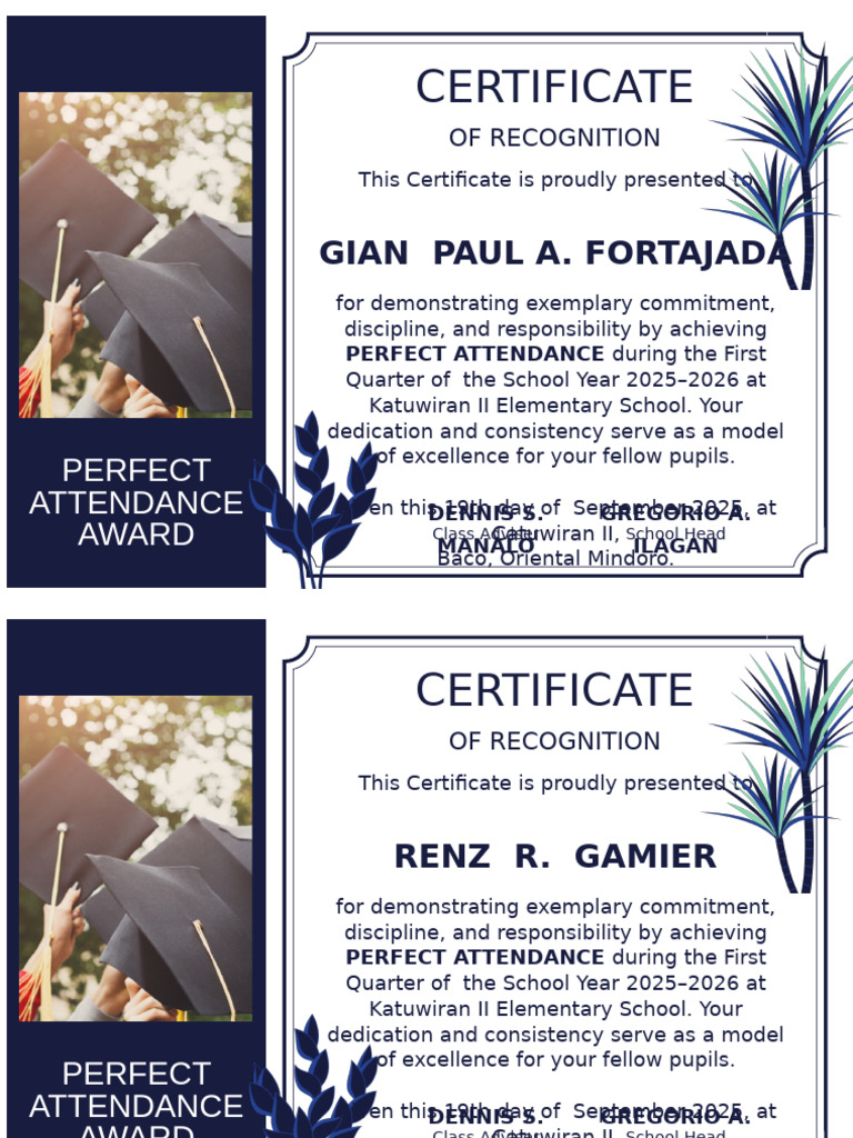 Perfect Attendance Award Certificate 2025 | PDF