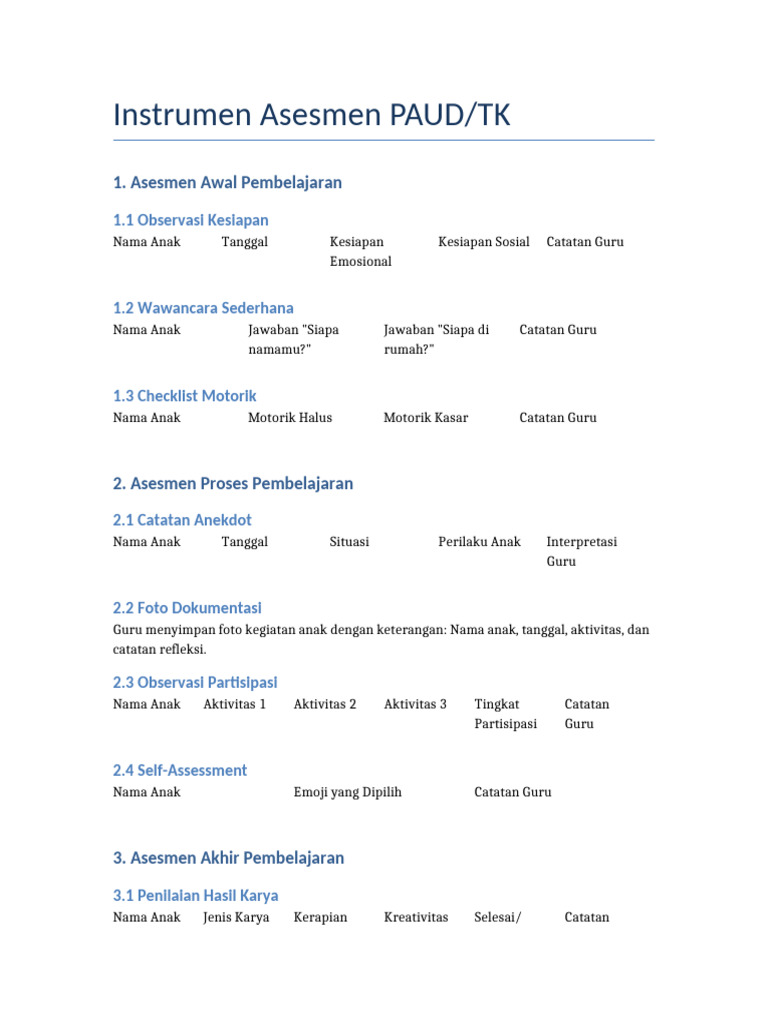 Contoh Asesmen Awal PAUD | PDF