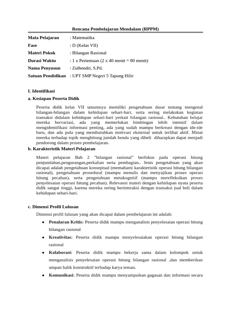 Contoh RPP Matematika SMP Kelas VII | PDF