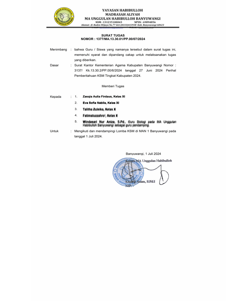 Surat Tugas KSM MAN 1 BWI WINDA Siap | PDF