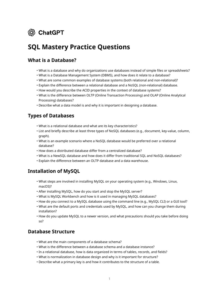 SQL Mastery Practice Questions | PDF | Databases | Table (Database)