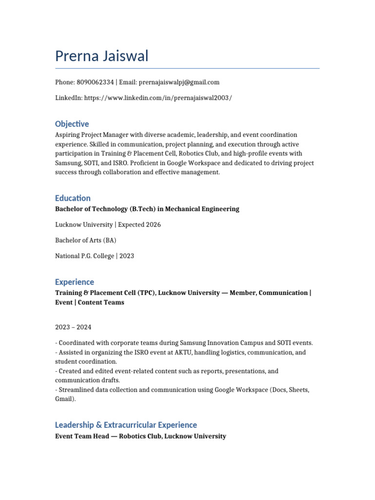 Prerna Jaiswal Resume | PDF