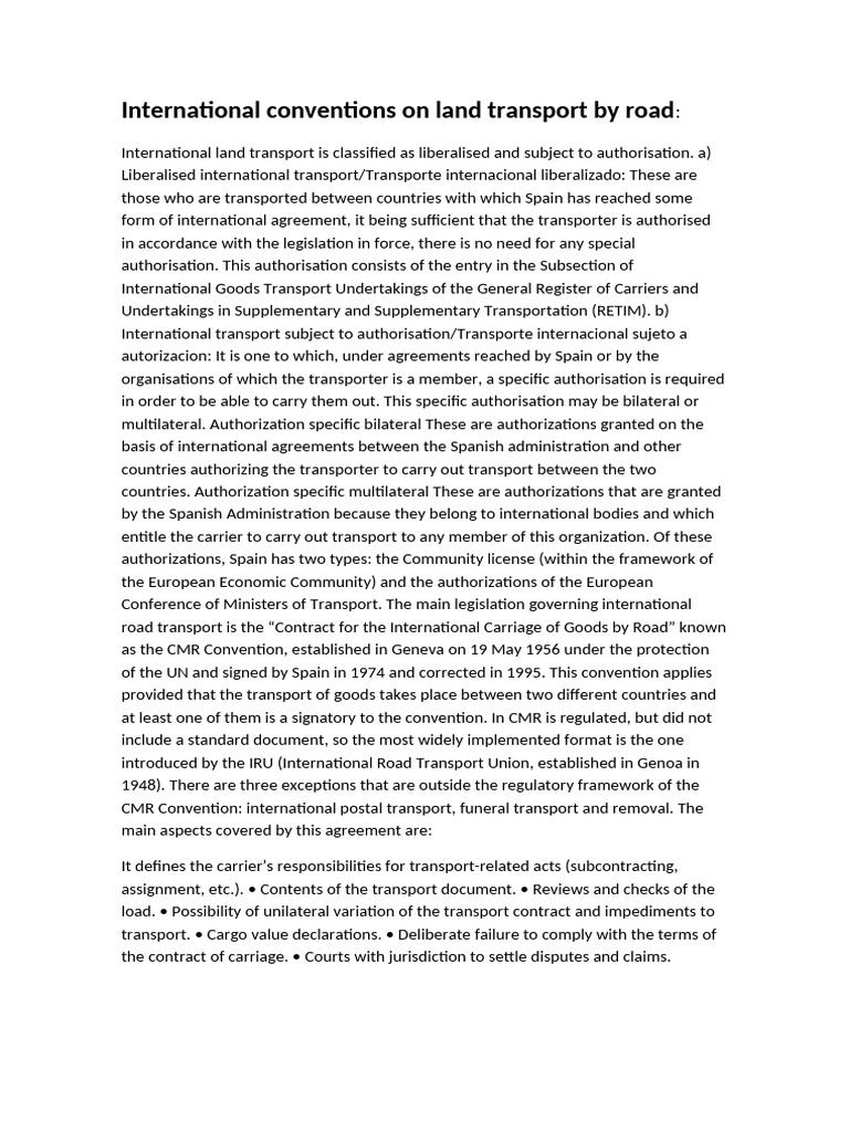 International Conventions On Land Transport by Road | PDF | Dangerous Goods