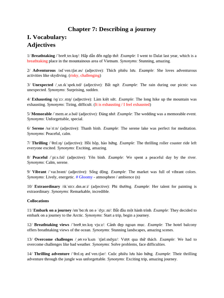 Vocabulary for Describing Journeys | PDF
