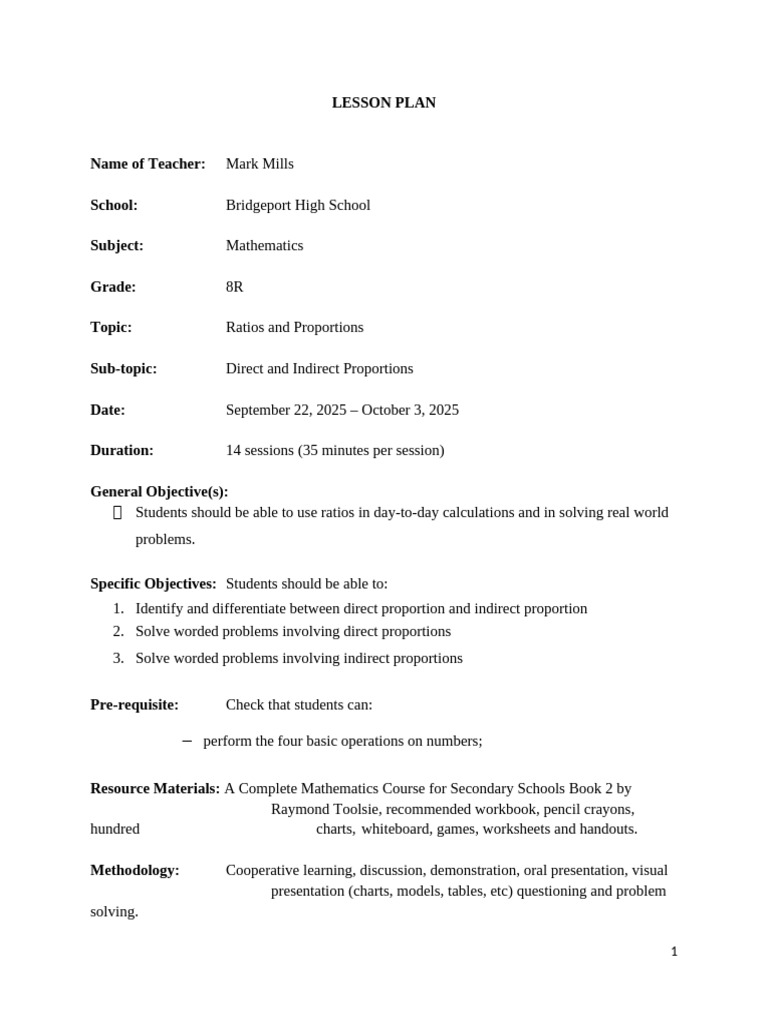 8th Grade Ratios & Proportions Lesson Plan | PDF | Learning