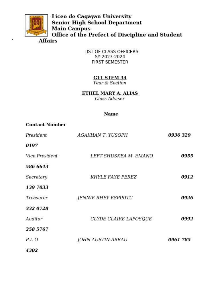 G11 - STEM 34 List of Class Officers | PDF