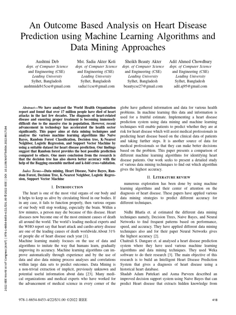 An Outcome Based Analysis On Heart Disease Prediction Using Machine Learning Algorithms and Data ...