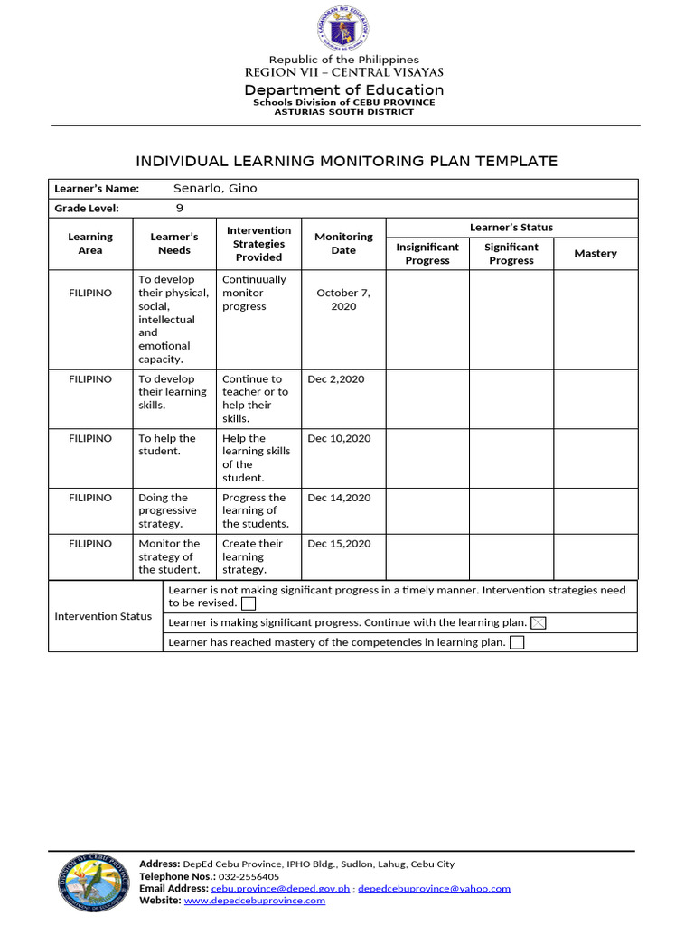 M3a-Individual Learning Monitoring Plan For A Student Doms | PDF