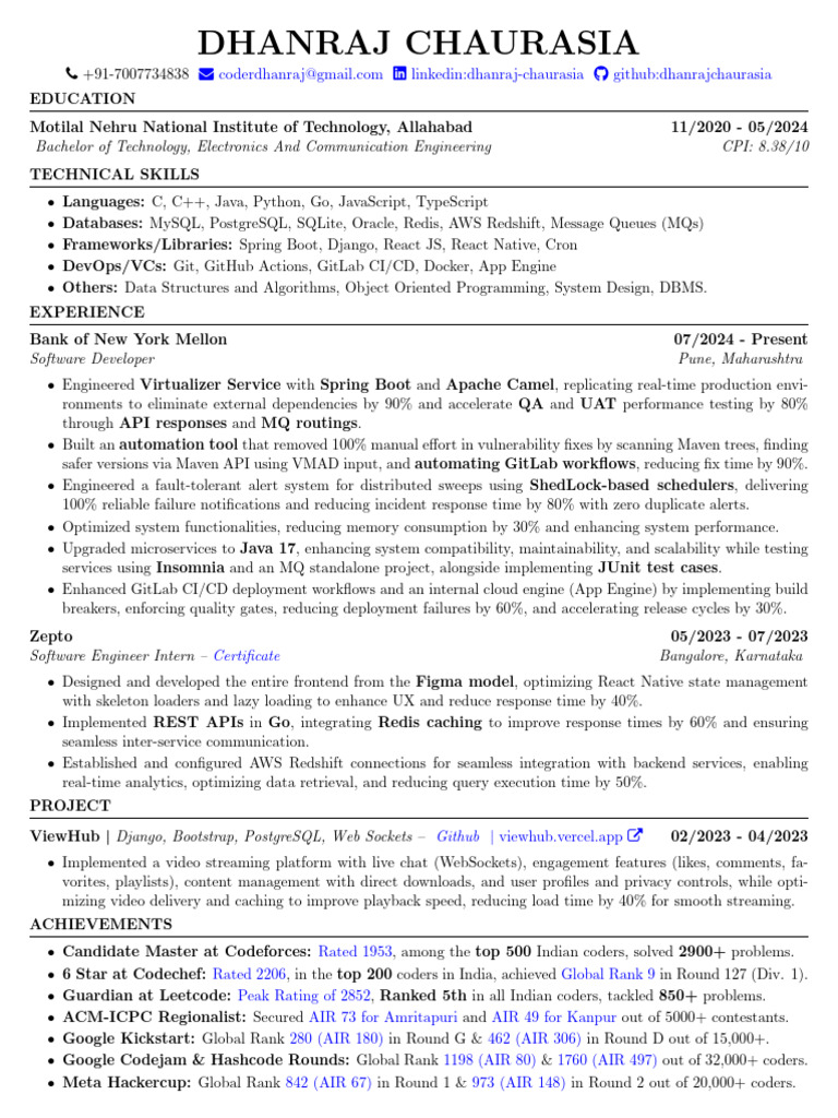 Resume Dhanraj Chaurasia Coderdhanraj | PDF | Databases | Software