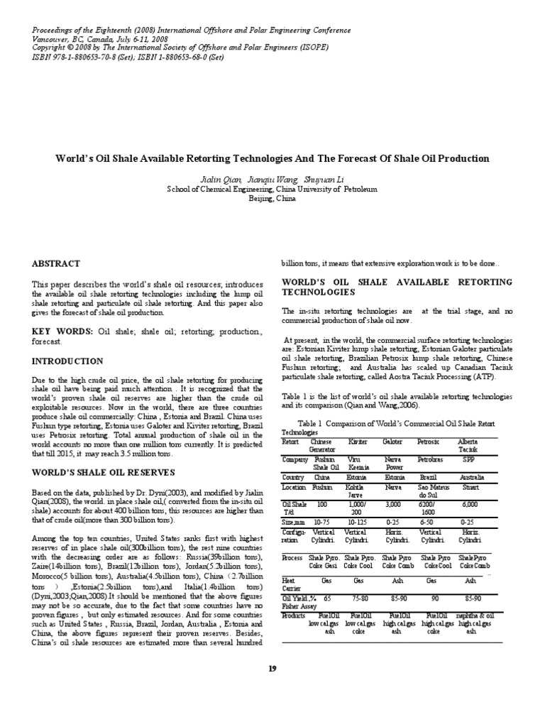 World's Oil Shale Available Retorting Technologies and The Forecast of ...