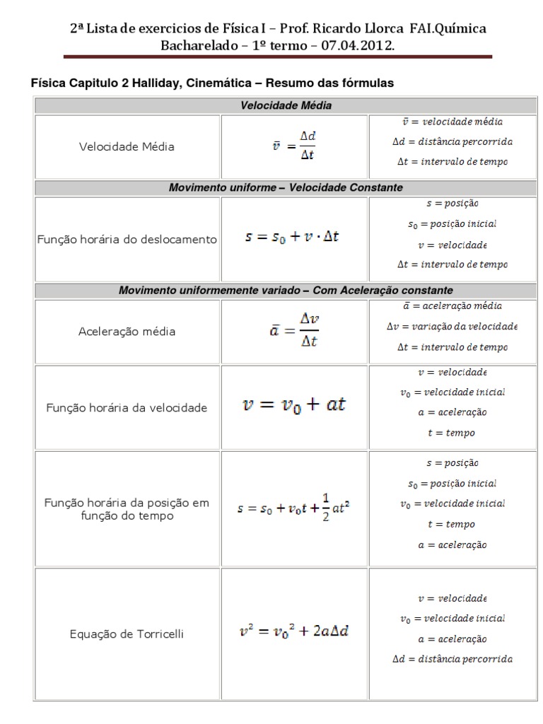 Física Capitulo 2 Halliday - Formulas | PDF | Velocidade | Cinemática