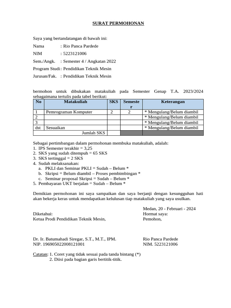 Permohonan Buka Matakuliah Rio Panca | PDF