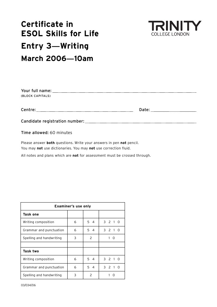 ESOL Entry 3 Writing Exam Guide | PDF