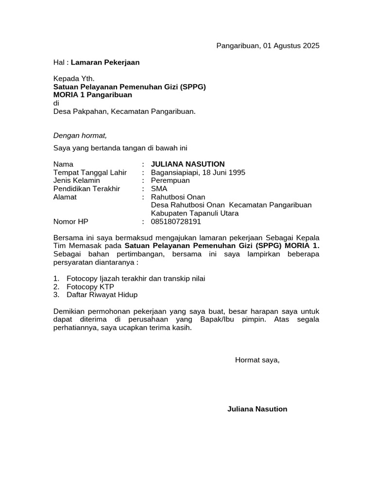 Surat Lamaran MBG 2 | PDF