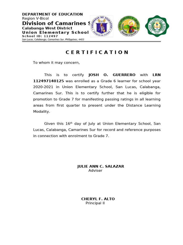 Grade 6 Certification for Josh Guerrero | PDF