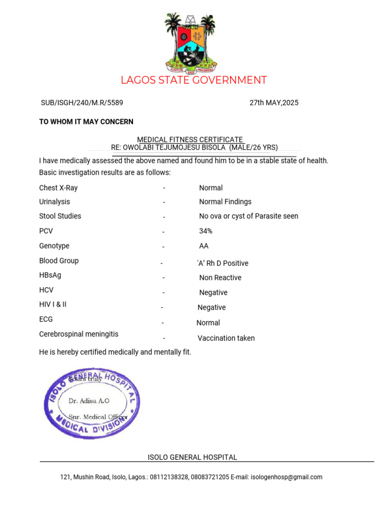 Nysc Medical Fitness Owolabi Tejumojesu Bisola | PDF