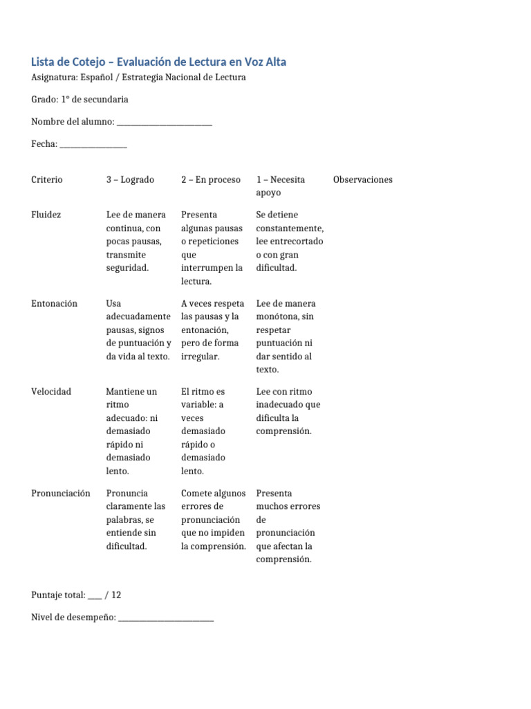 Lista Cotejo Lectura | PDF