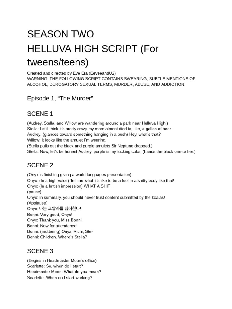 SEASON TWO HELLUVA HIGH SCRIPT (VA's AND ANIMATORS) - Google Drive | PDF