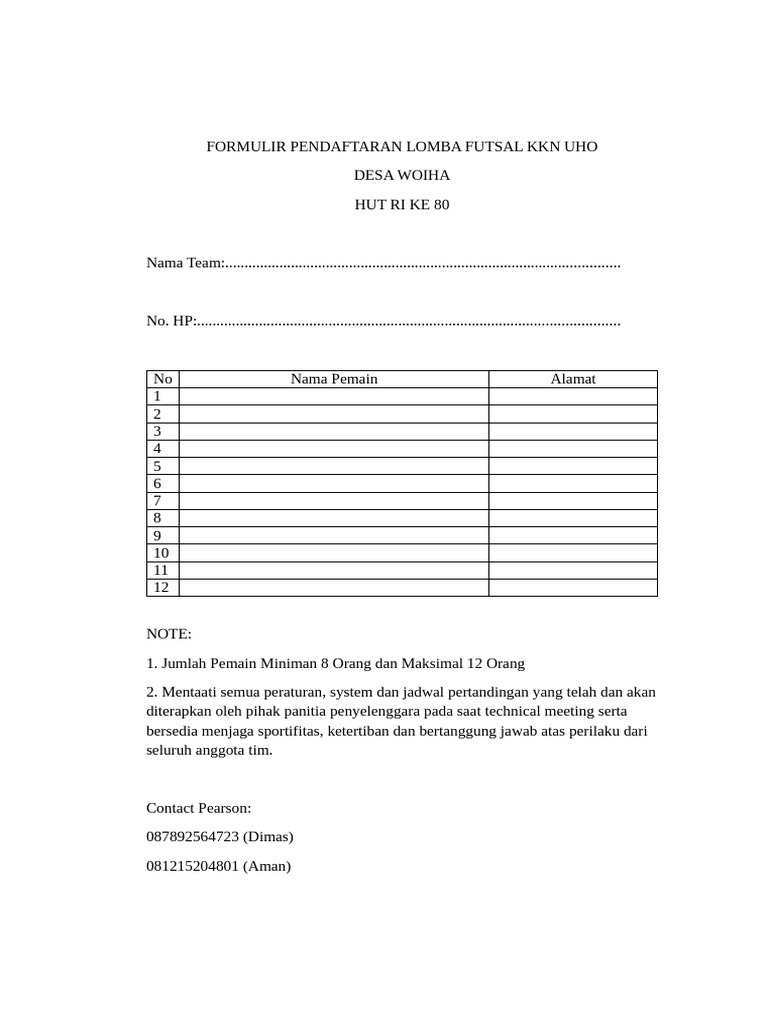 Formulir Pendaftaran Lomba Futsal KKN Uho Cup Ip | PDF