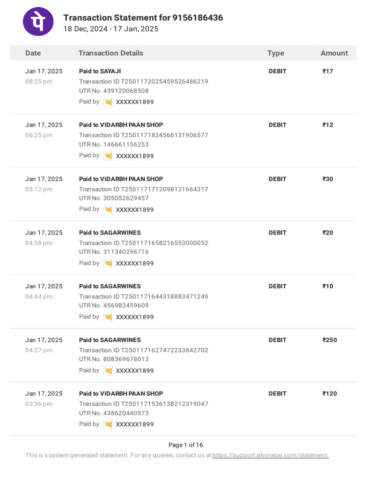 PhonePe Statement Dec2024 Jan2025 | PDF | Debits And Credits | Debit Card