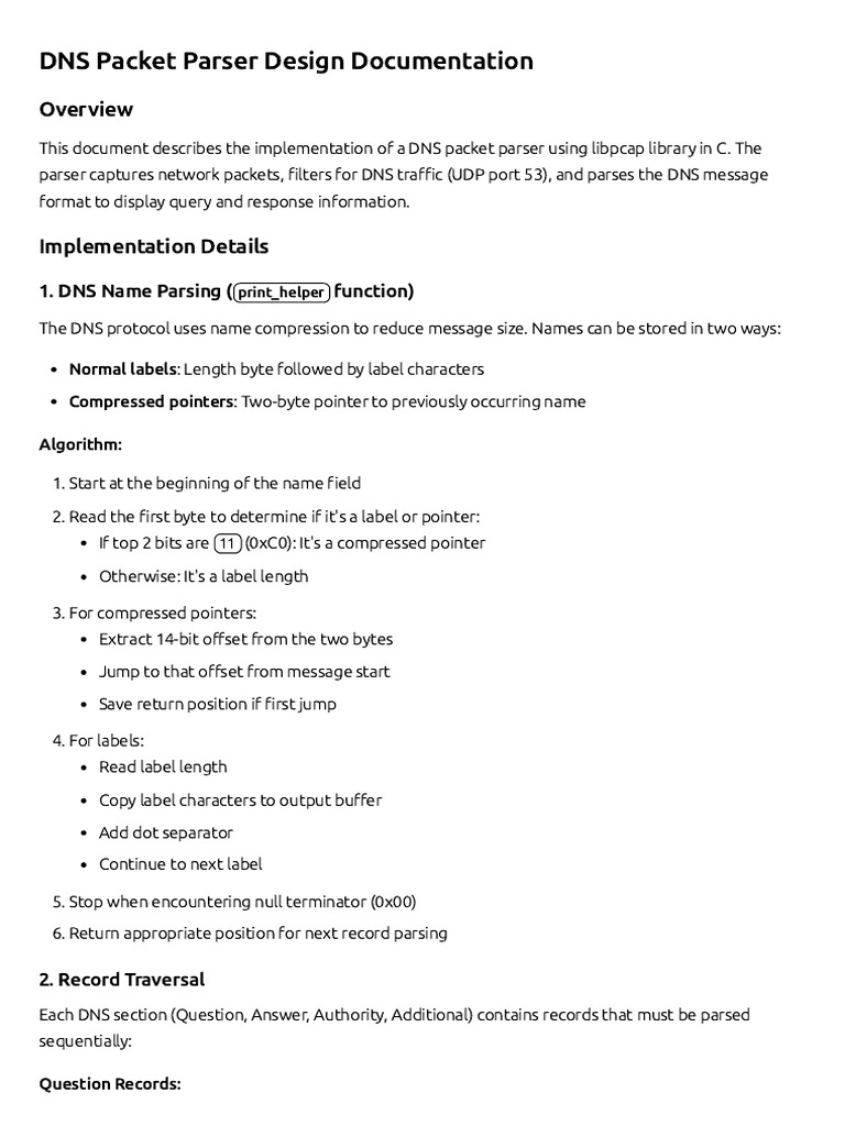 DNS Parser Design Documentation | PDF | Domain Name System | Pointer (Computer Programming)