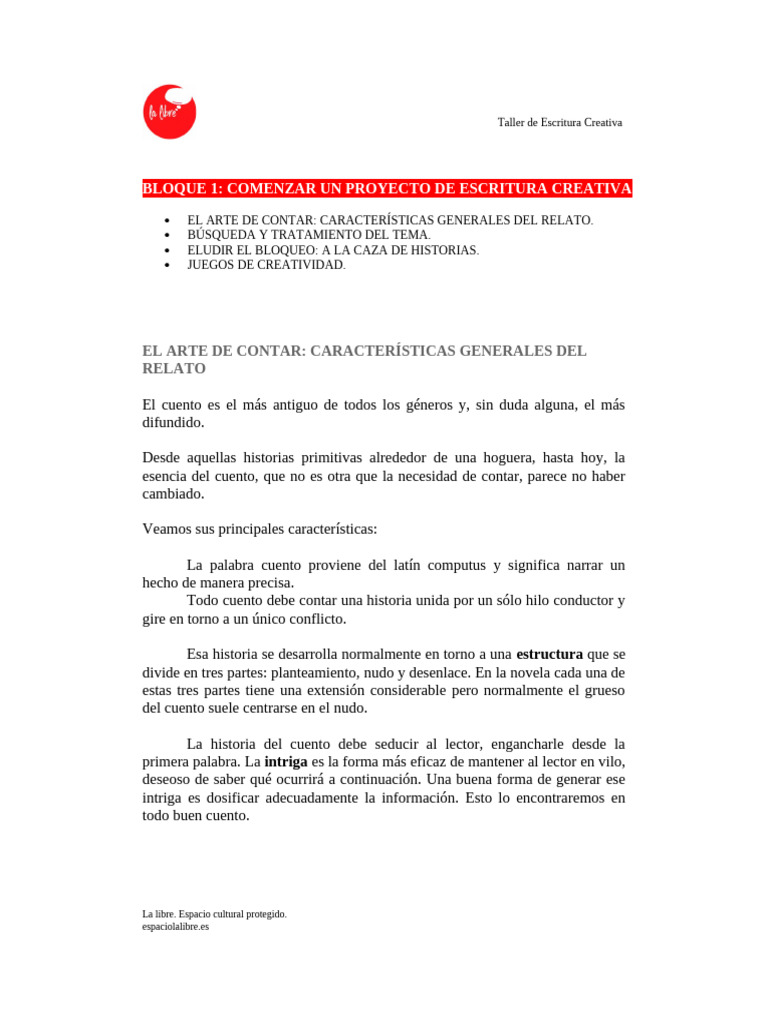 Bloque 1 Comenzar Un Proyecto de Escritura Creativa. Contenidos | PDF ...