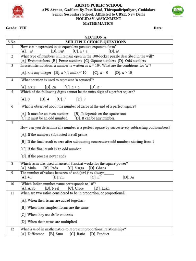 Grade 8 - Maths Holiday Assignment | PDF | Numbers | Ratio