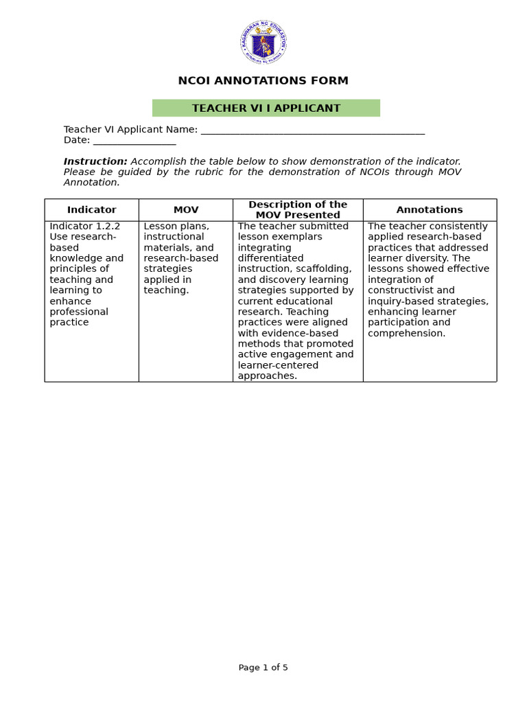 NCOI Annotation Form for Teacher VI | PDF | Learning | Teachers