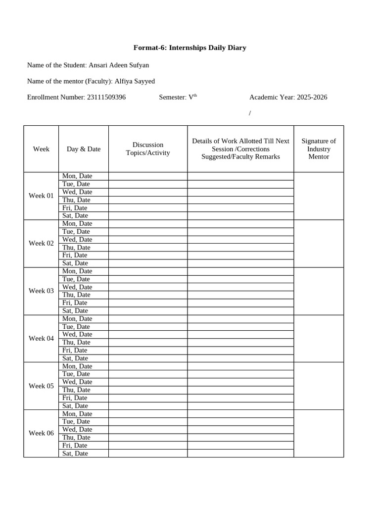 Internships Daily Diary Template | PDF