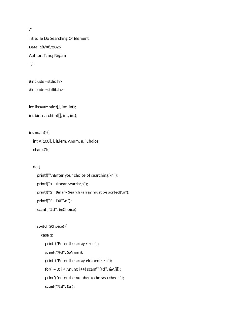 Element Search in C: Linear & Binary | PDF