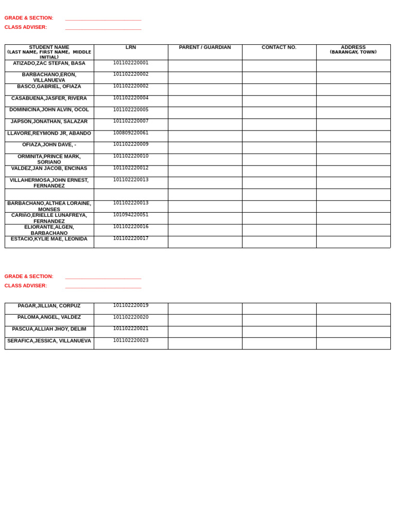 Student Information List by Grade | PDF