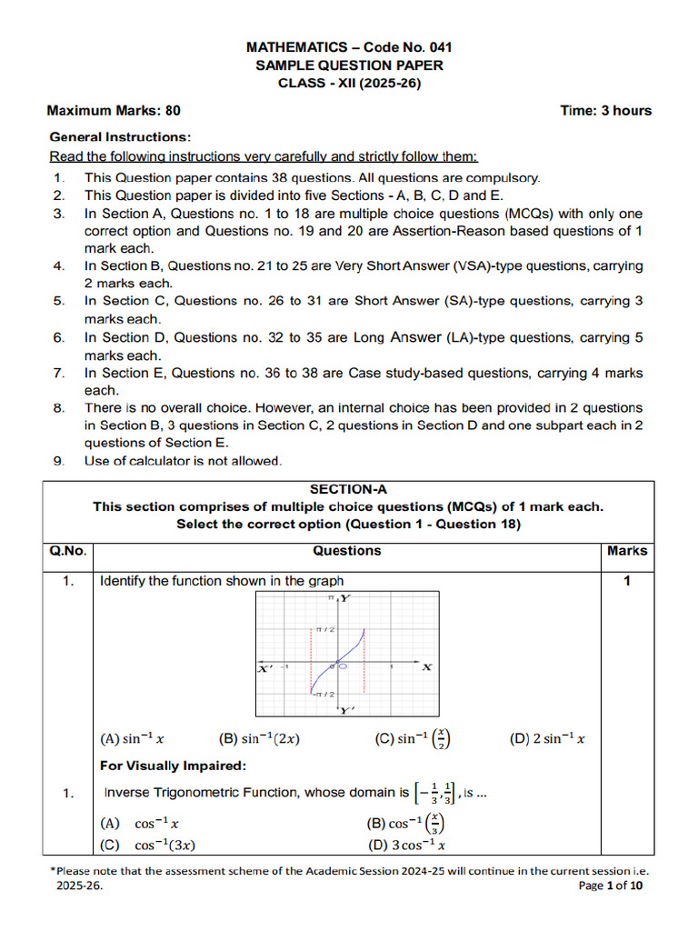 Math SQP - 2025-26 | PDF