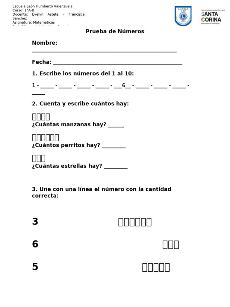 Prueba de Números 1 Al 10 | PDF