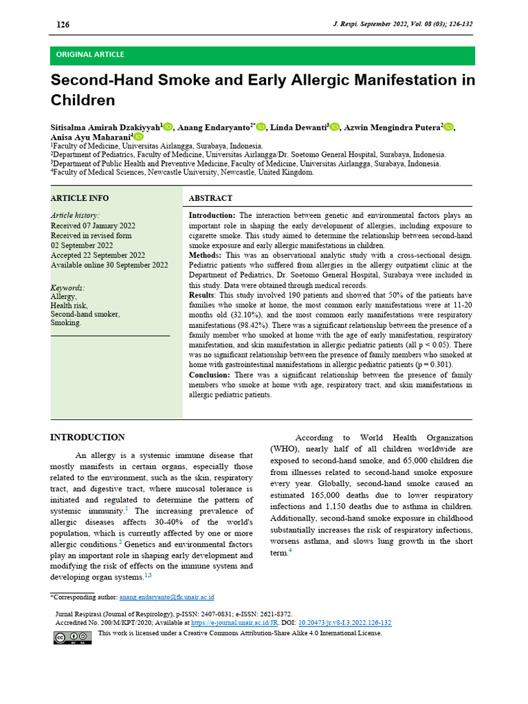 Second-Hand Smoke and Early Allergic Manifestation in Children | PDF ...