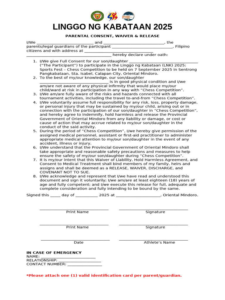LNK Parental Consent Waiver and Release | PDF | Indemnity | Consent