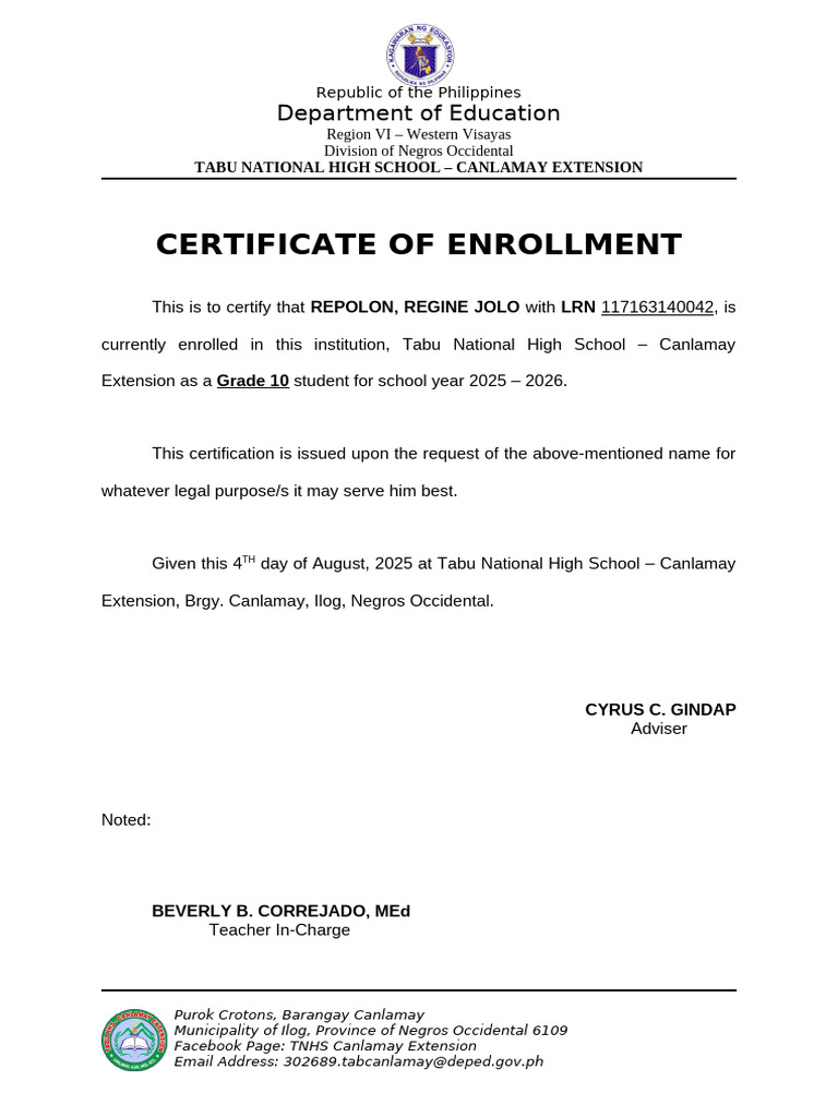 Certificate of Enrollment | PDF