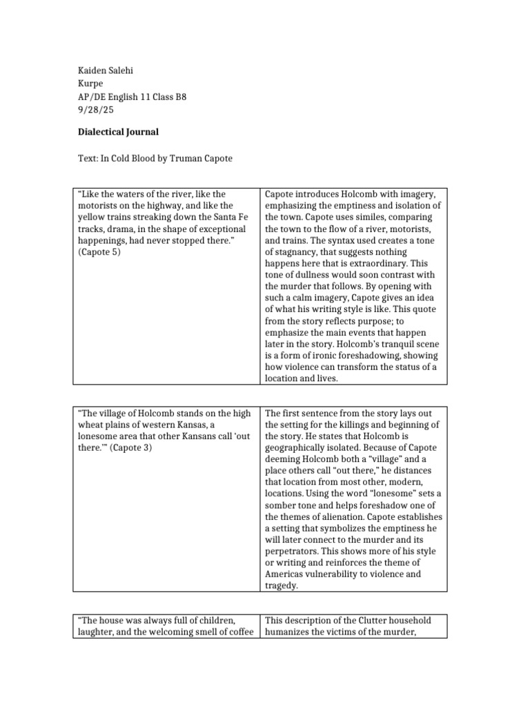 Dialectical Journal: In Cold Blood Analysis | PDF | Fear | Violence