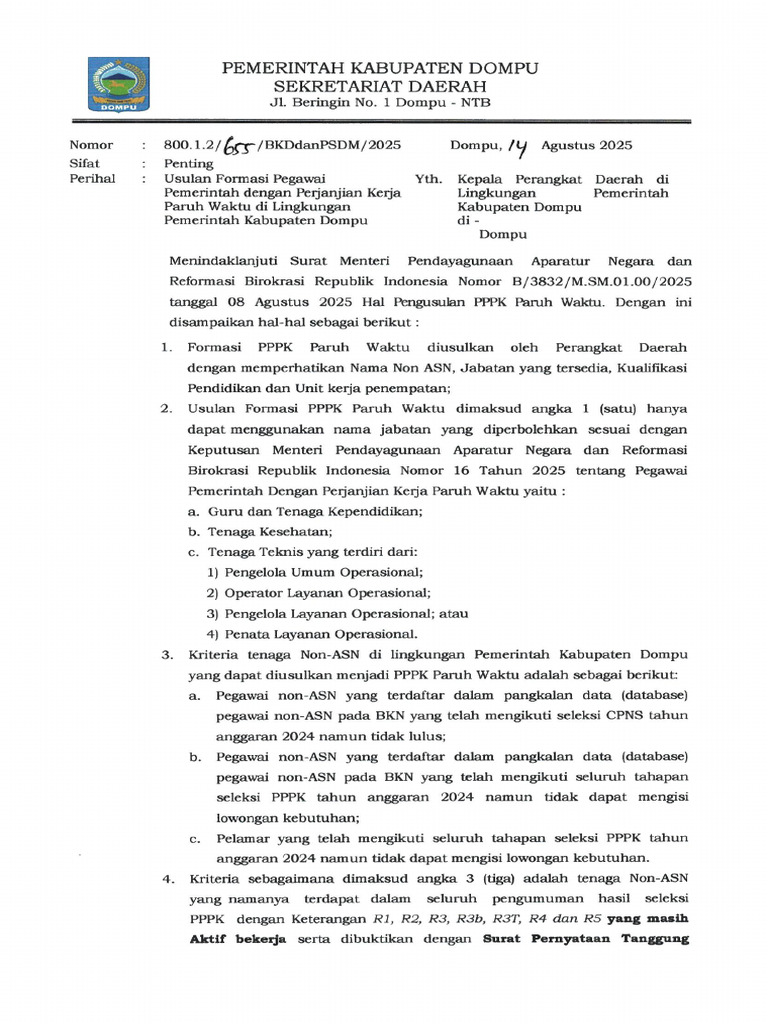 Surat Usulan Formasi PPPK Paruh Waktu Fix Dompu | PDF