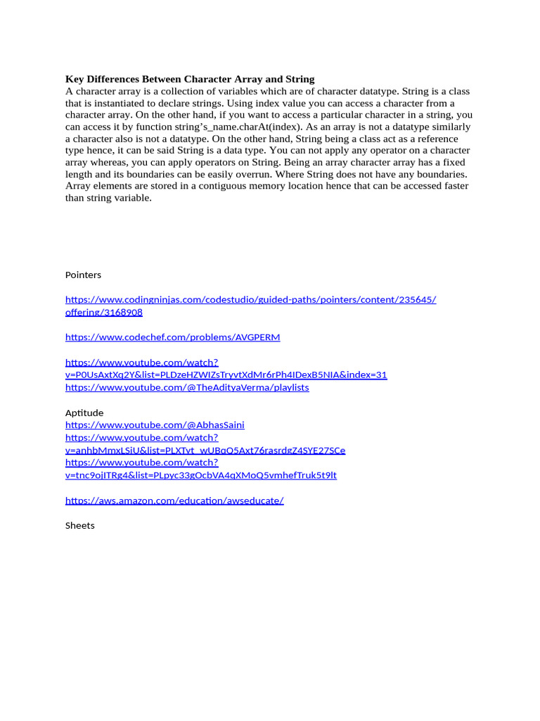 Key Differences Between Character Array and String: Pointers | PDF