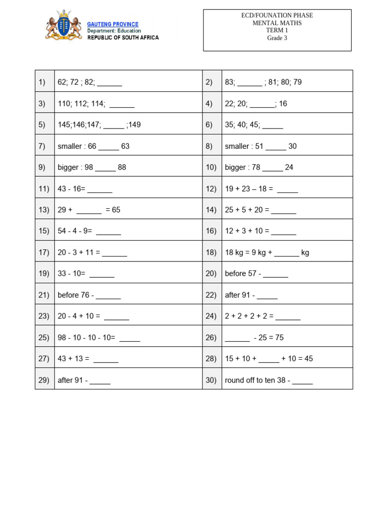 Mental Maths Grade 3 Term 1 2022 | PDF