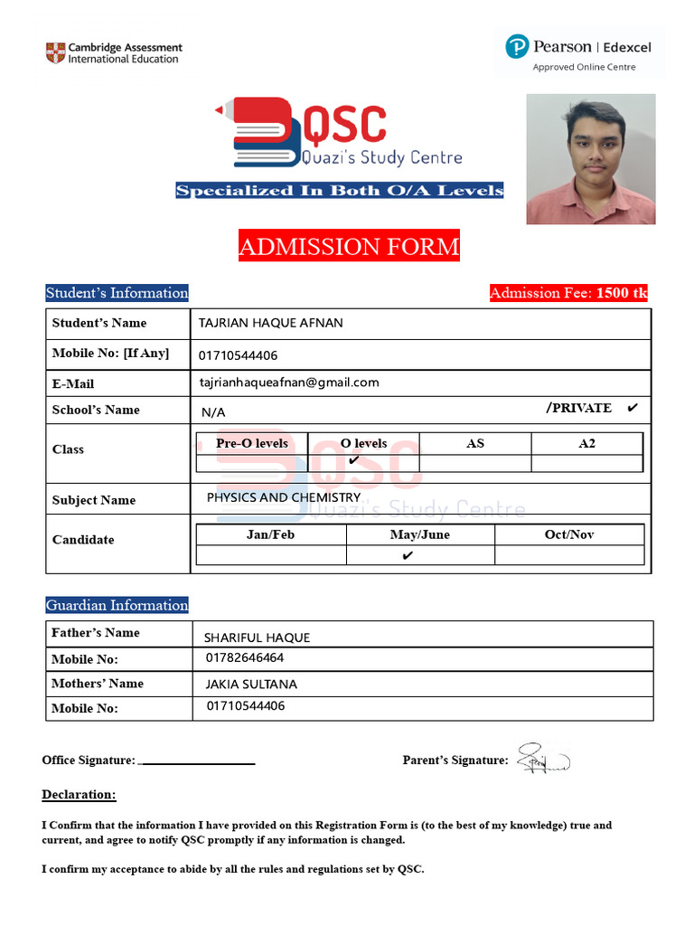 QSC Admission Form | PDF