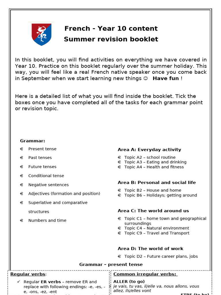 Summer Revision Booklet | PDF | Grammatical Tense | Adjective