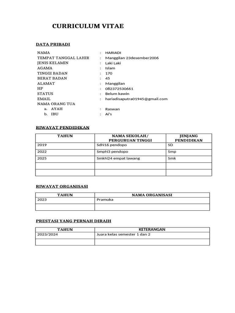 CV Hariadi: Pendidikan dan Prestasi | PDF