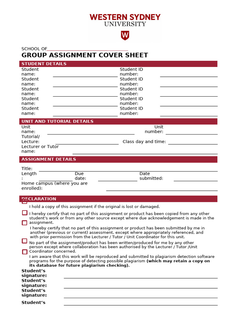 Group Assignment Cover Sheet-FILLABLE Online | PDF