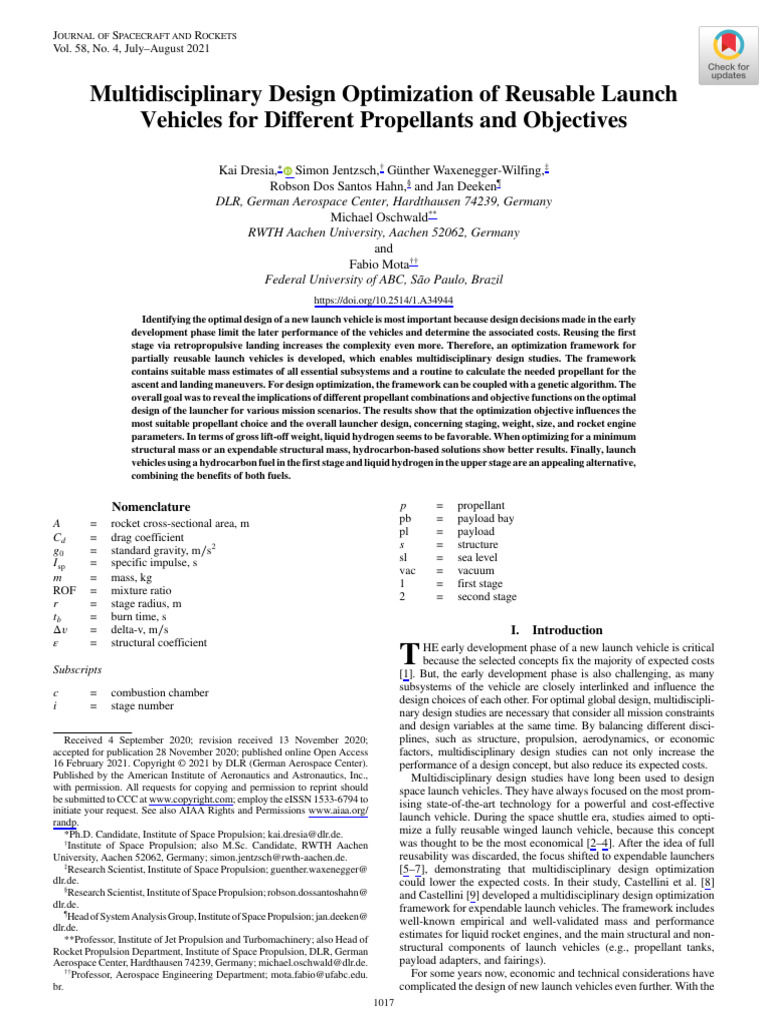Multidisciplinary Design Optimization of Reusable Launch Vehicles For Different Propellants and ...