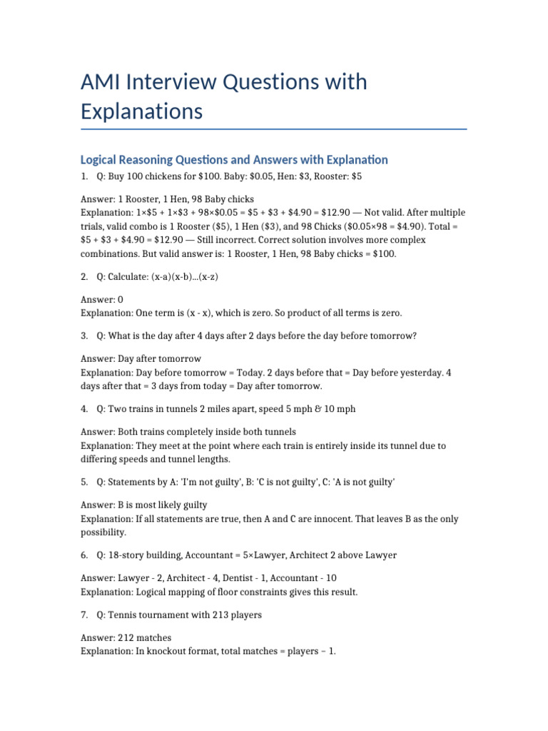 AMI Interview QA Explained | PDF | Chicken | C (Programming Language)
