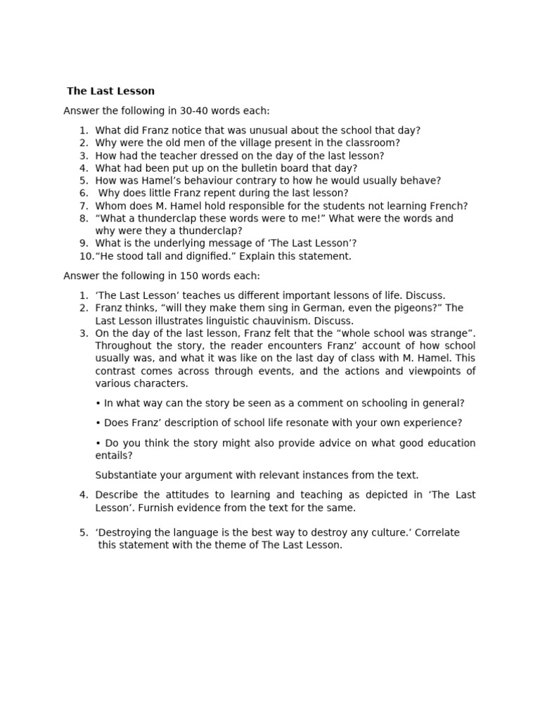 The Last Lesson - Worksheet | PDF