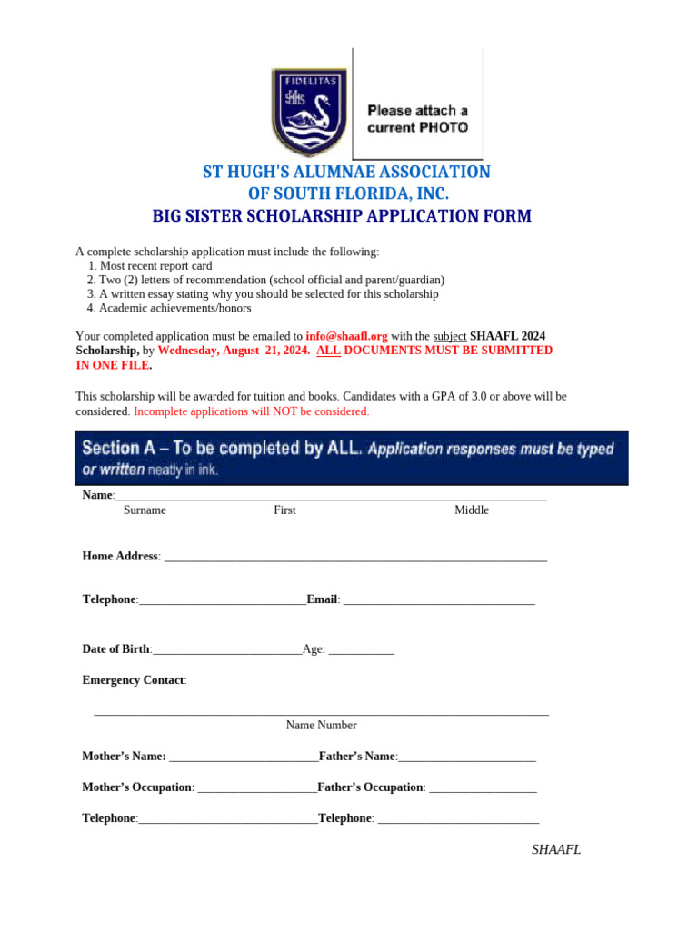 ST Hughs Big Sister Scholarship App Form - 2022-23 | PDF