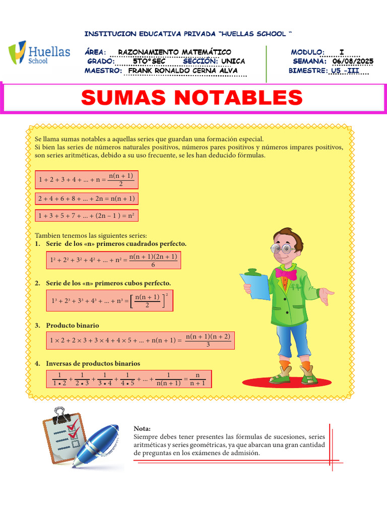 Fórmulas de Sumas Notables y Ejercicios | PDF | Matemáticas | Aritmética